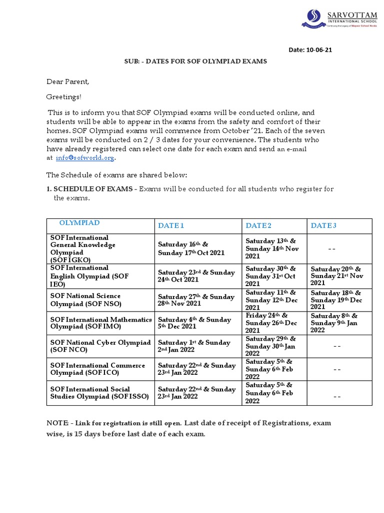 The Exams: Sub: - Dates For Sof Olympiad Exams | PDF
