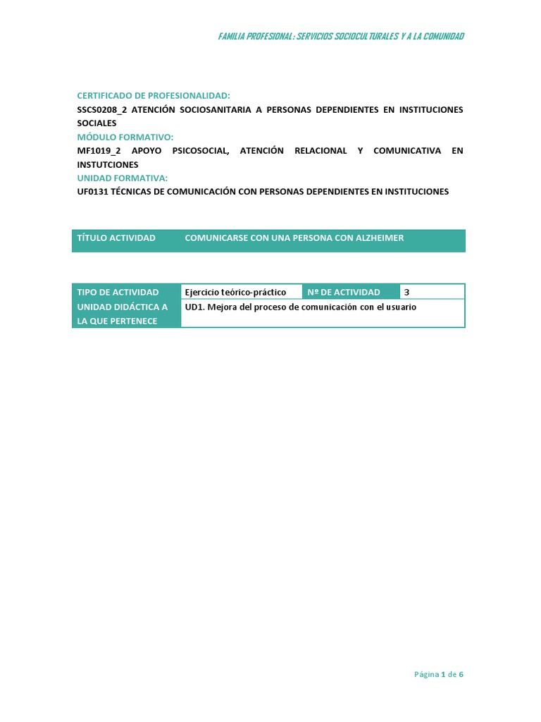 Uf0131 Ud1 Actividad3 Ejercicio Teorico Practico | PDF | Enfermedad de Alzheimer | Comunicación