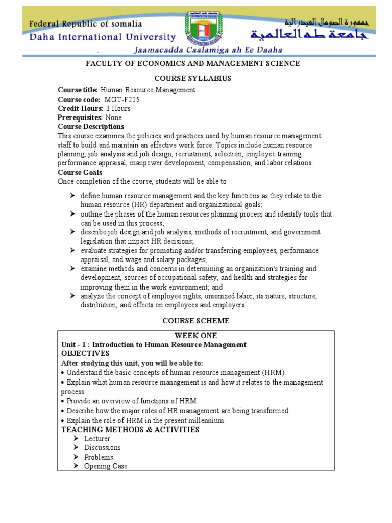 Comprehensive Course Syllabus for Human Resource Management Covering ...