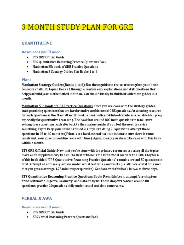 3 Month Study Plan For Gre: Quantitative | PDF | Graduate Record ...