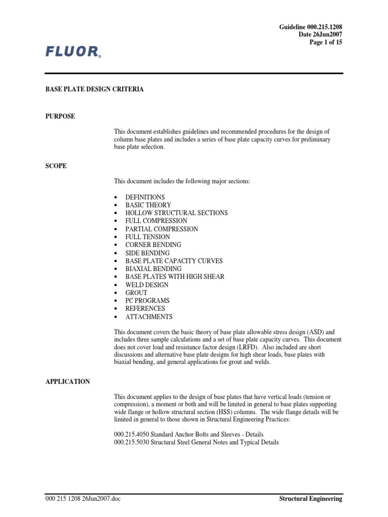 Base Plate Design Criteria | PDF | Bending | Screw