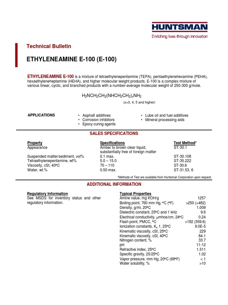 ETHYLENEAMINE E-100 (E-100) : Technical Bulletin | PDF | Water | Toxicity