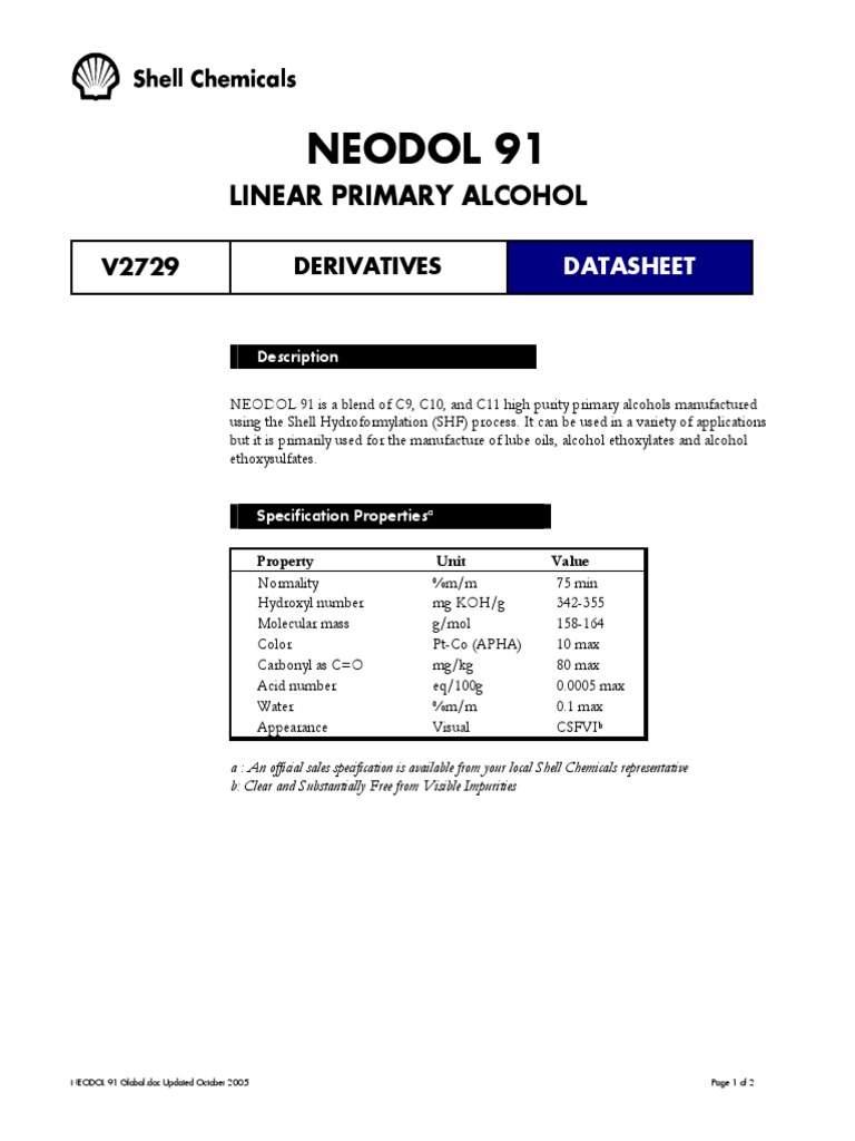 Neodol 91: Linear Primary Alcohol | PDF | Alcohol | Viscosity