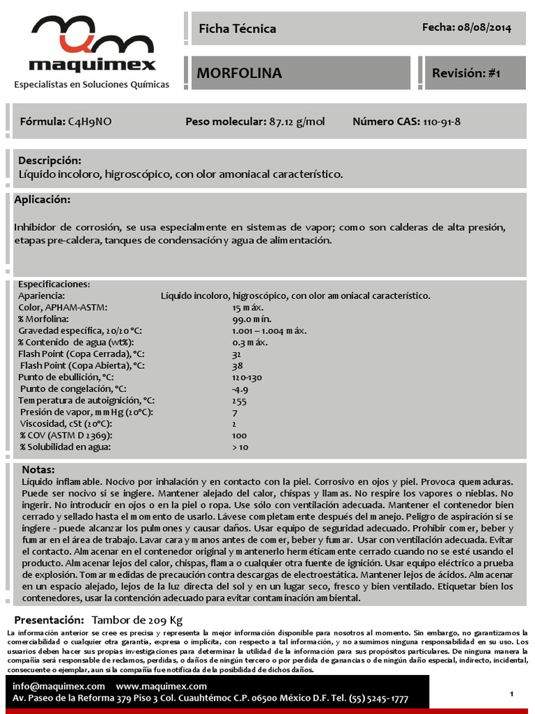 FT Morfolina | PDF | Líquidos | Amoníaco