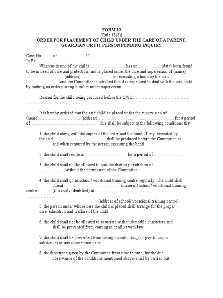 Form 19 Order For Placement of Child Under The Care of A Parent ...