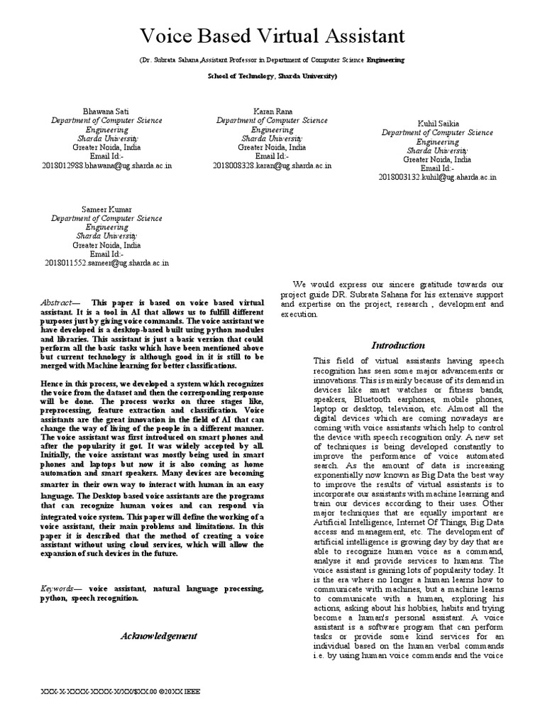 Voice Based Virtual Assistant Research Paper | PDF | Statistical ...