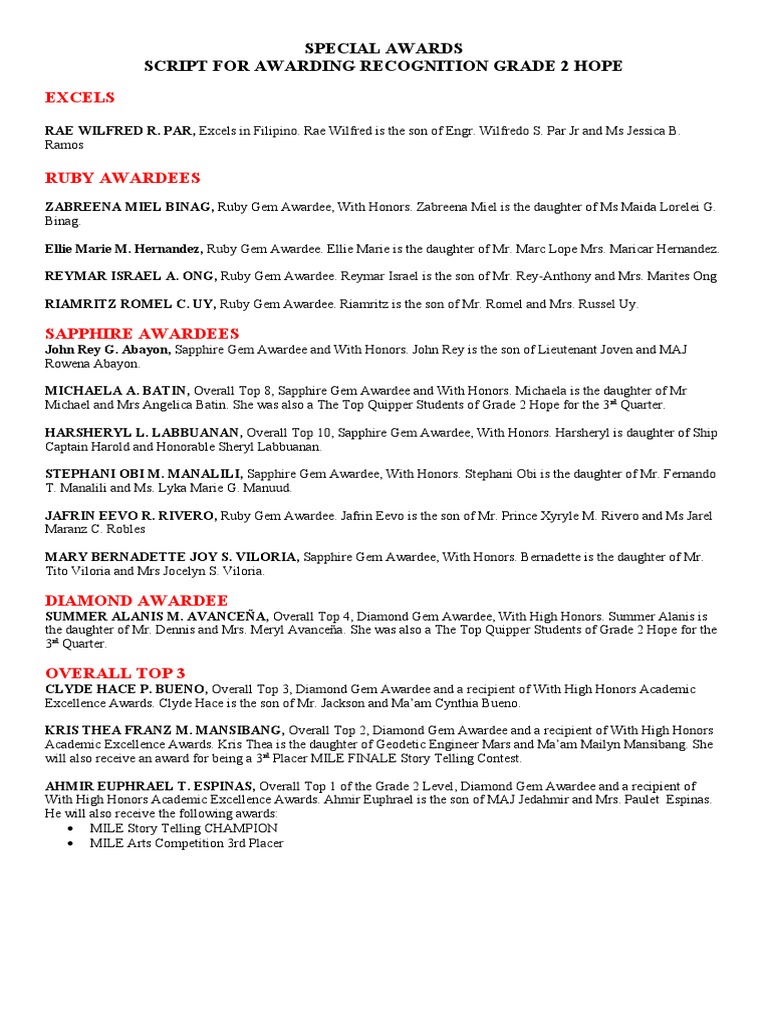 Special Awards Script For Awarding Recognition Grade 2 Hope: Excels ...