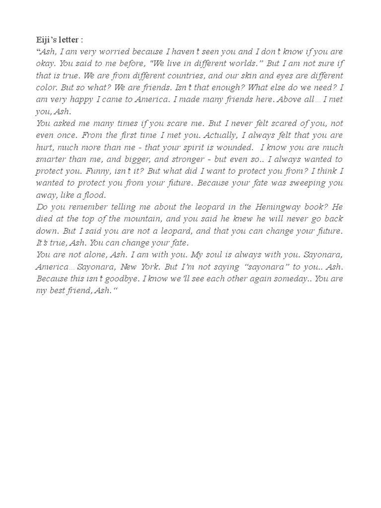 Eiji's Letter: "Ash, I Am Very Worried Because I Haven't Seen You and I ...