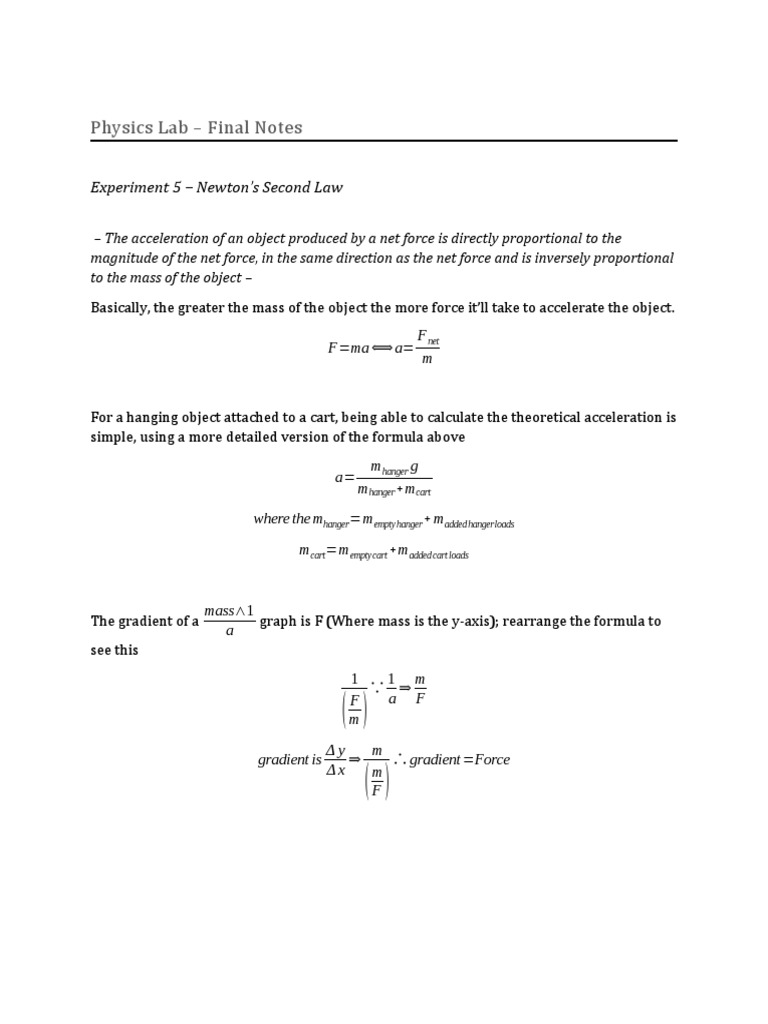 Physics Lab - Final Notes: Experiment 5 - Newton's Second Law | PDF
