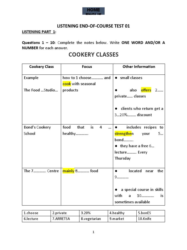 Phuong Nhu Listening Eoc Test - Intensive Class No.1 | PDF | Coffee | Seed