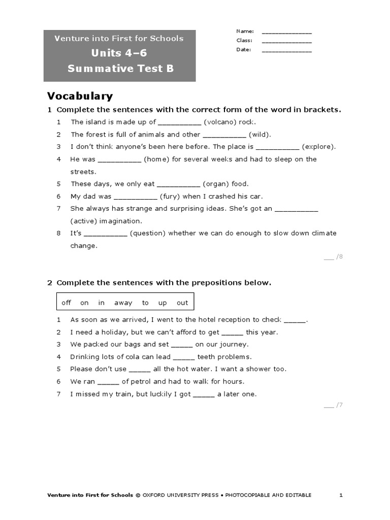 Venture First Schools Summative Test Units4 6 B | PDF | Everglades