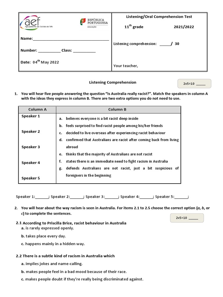 11 - Listening Comprehension Test | PDF | Racism | Discrimination ...