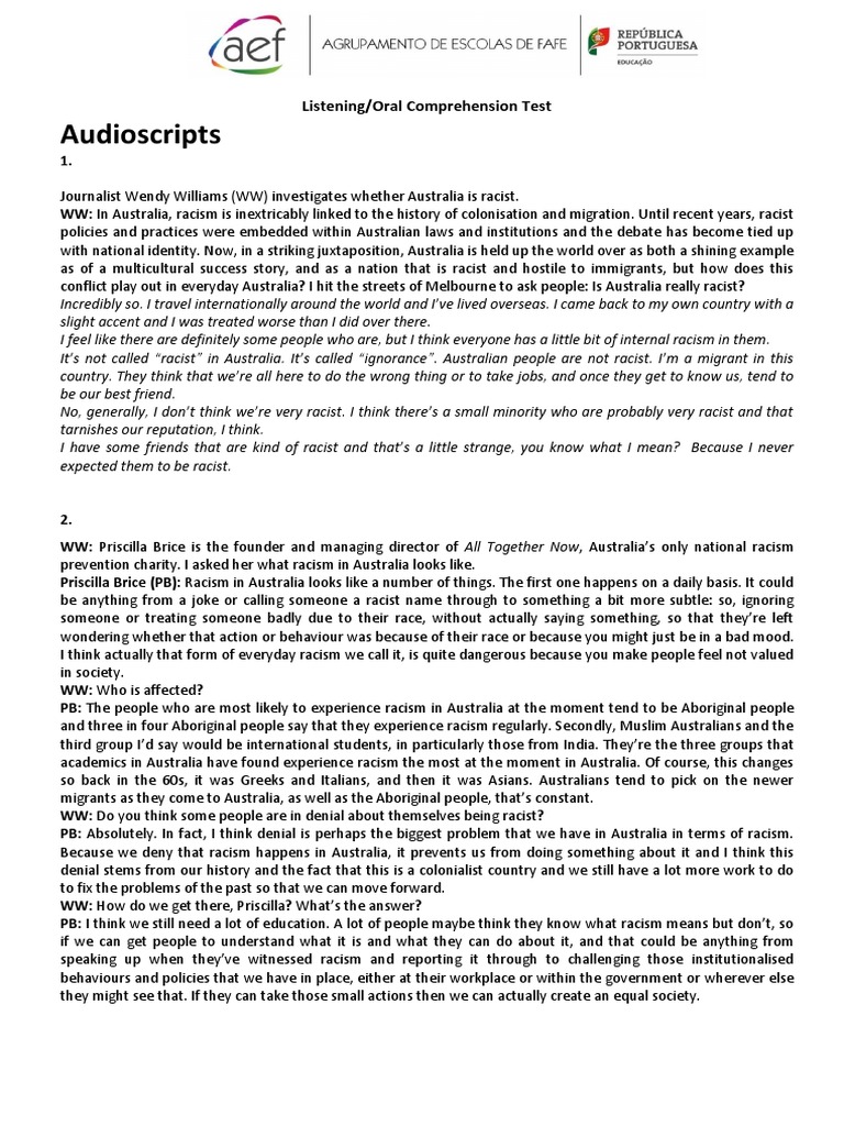 11 - Listening Comprehension Test - Audioscripts and Answer Key | PDF ...