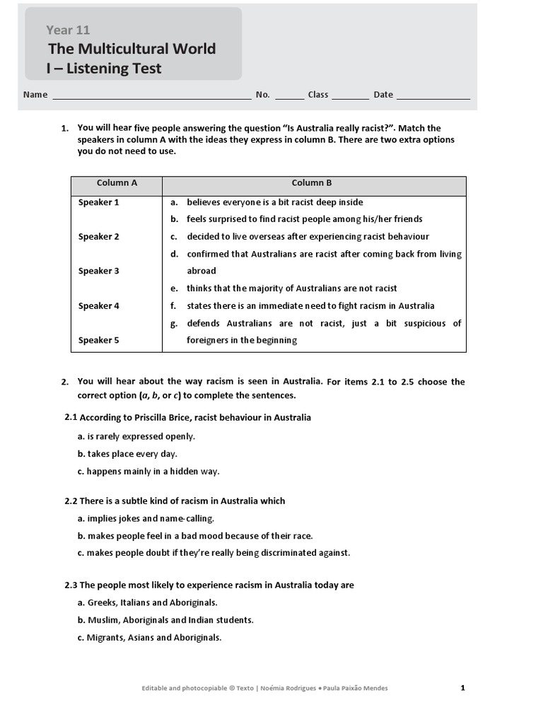 The Multicultural World I - Listening Test: Year 11 | PDF | Racism ...