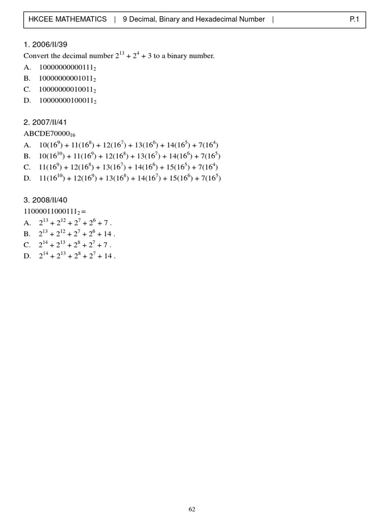 CE MC Decimal, Binary and Hexadecimal Numbers | PDF | Teaching Methods ...
