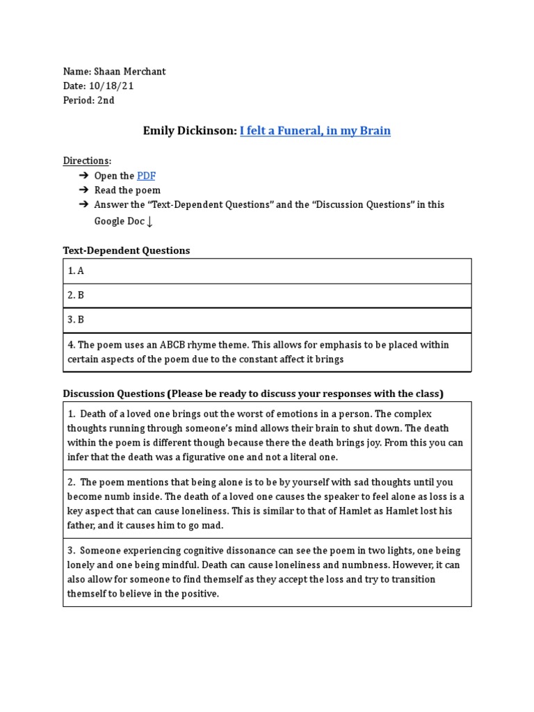 Shaan Merchant - Dickinson I Felt A Funeral in My Brain | PDF ...