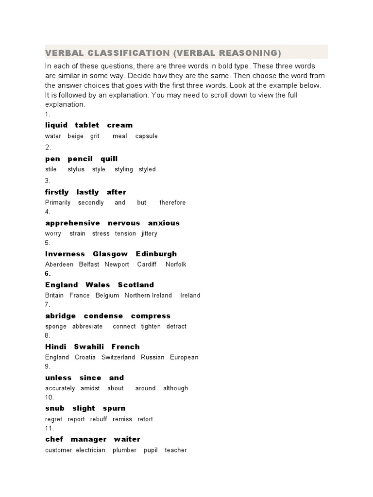 Verbal Classification (Verbal Reasoning) | PDF