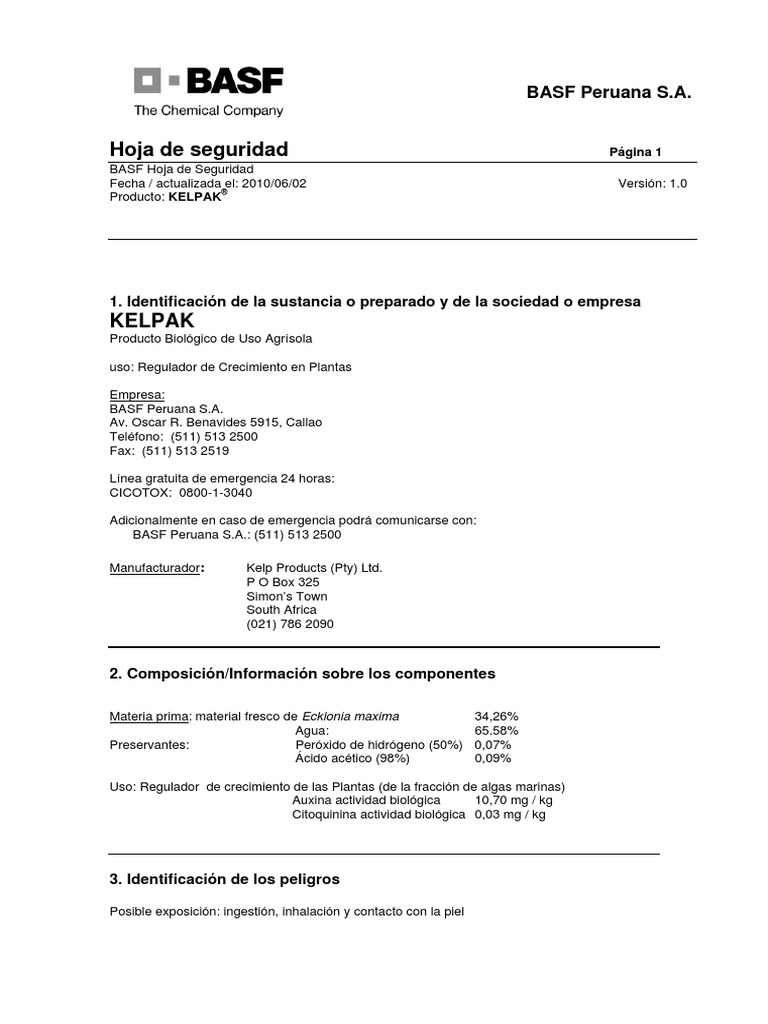 Hoja de Seguridad - Kelpak | PDF | Agua | Química