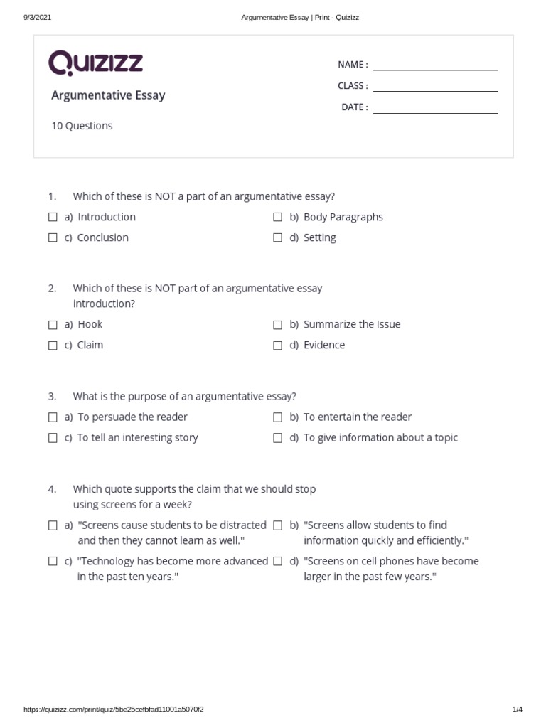 Argumentative Essay - Print - Quizizz | PDF | Essays | Communication