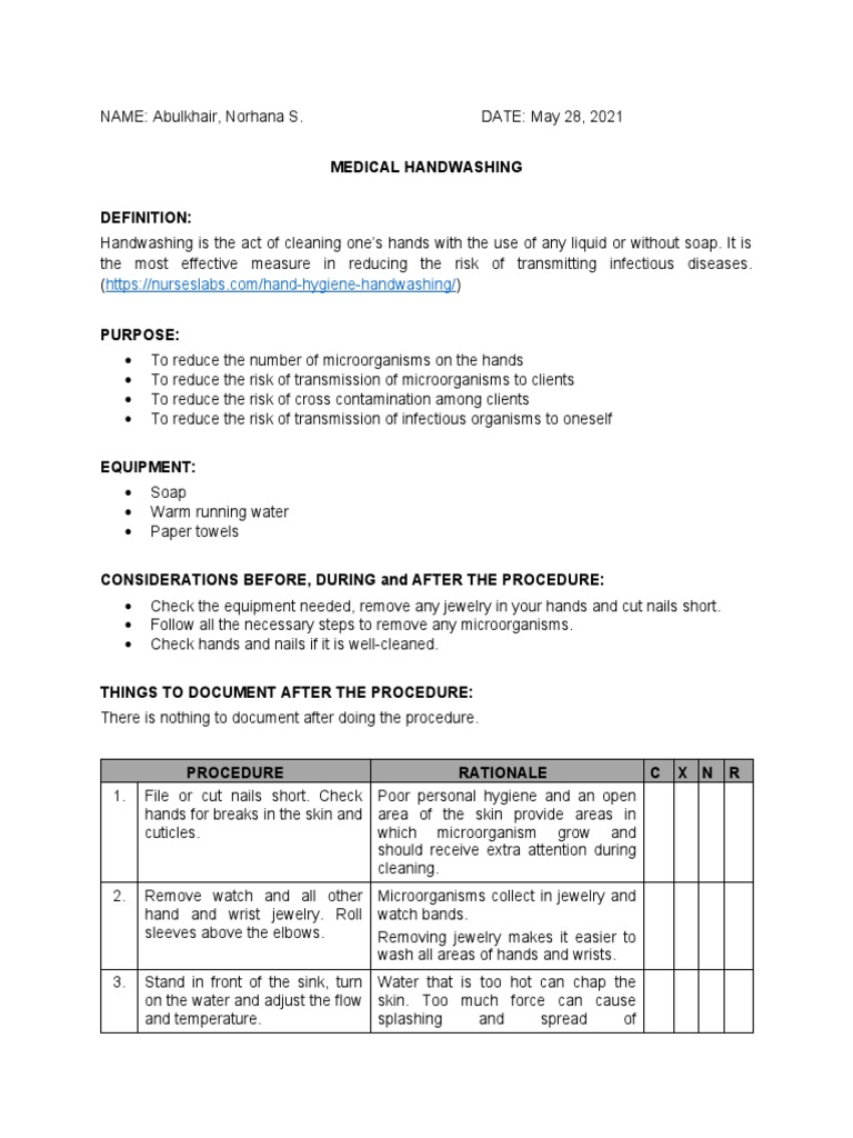 1 Handwashing Checklist | PDF | Hand Washing | Hygiene