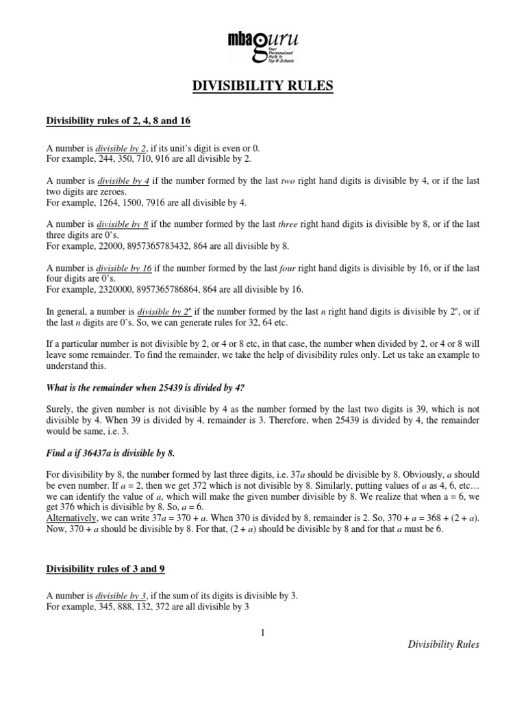 Divisibility Rules | PDF | Discrete Mathematics | Division (Mathematics)