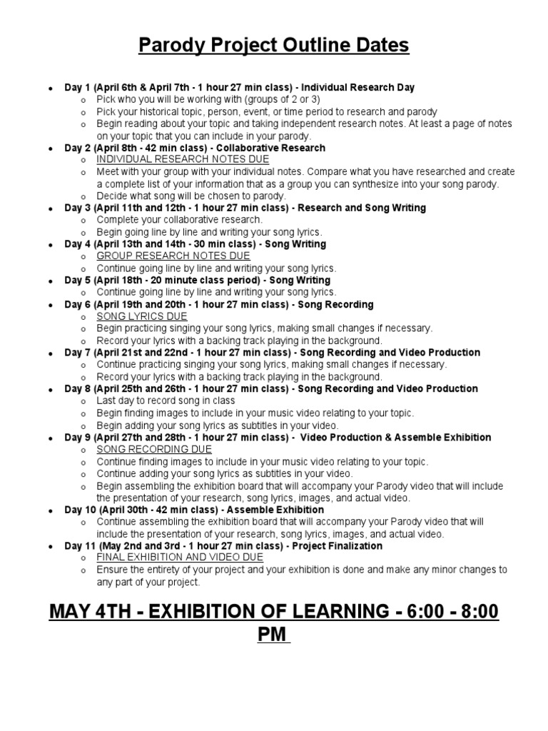 Parody Project Outline W Dates | PDF