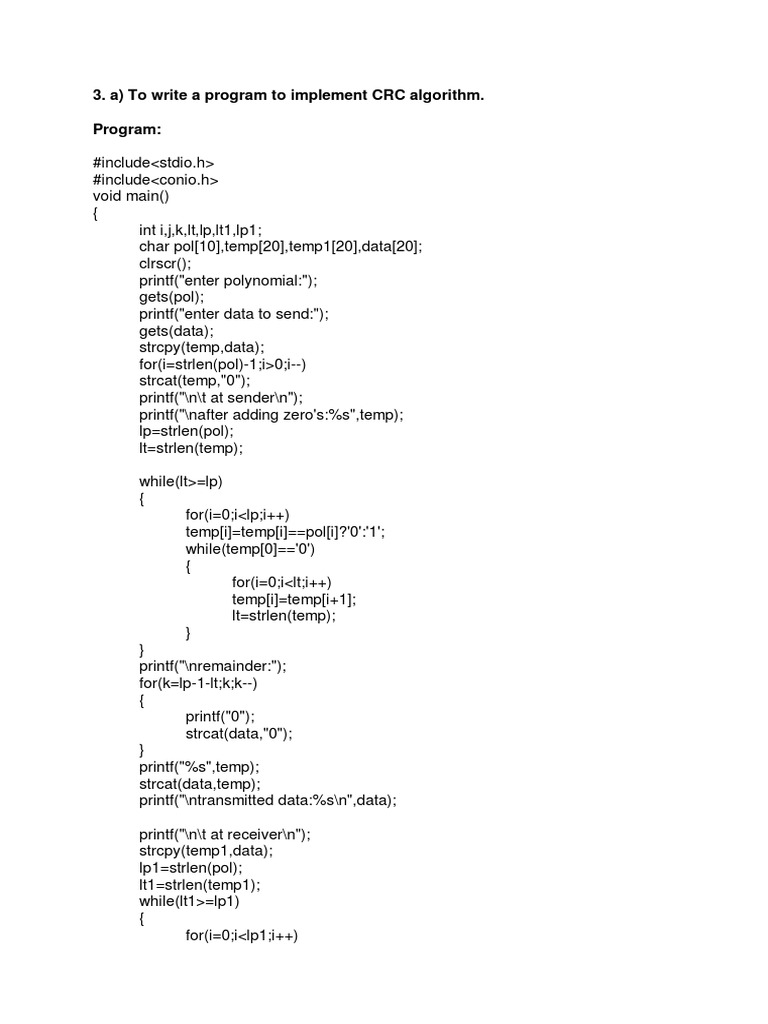 A To Write A Program To Implement Crc Algorithm Program Pdf Computer Science Software
