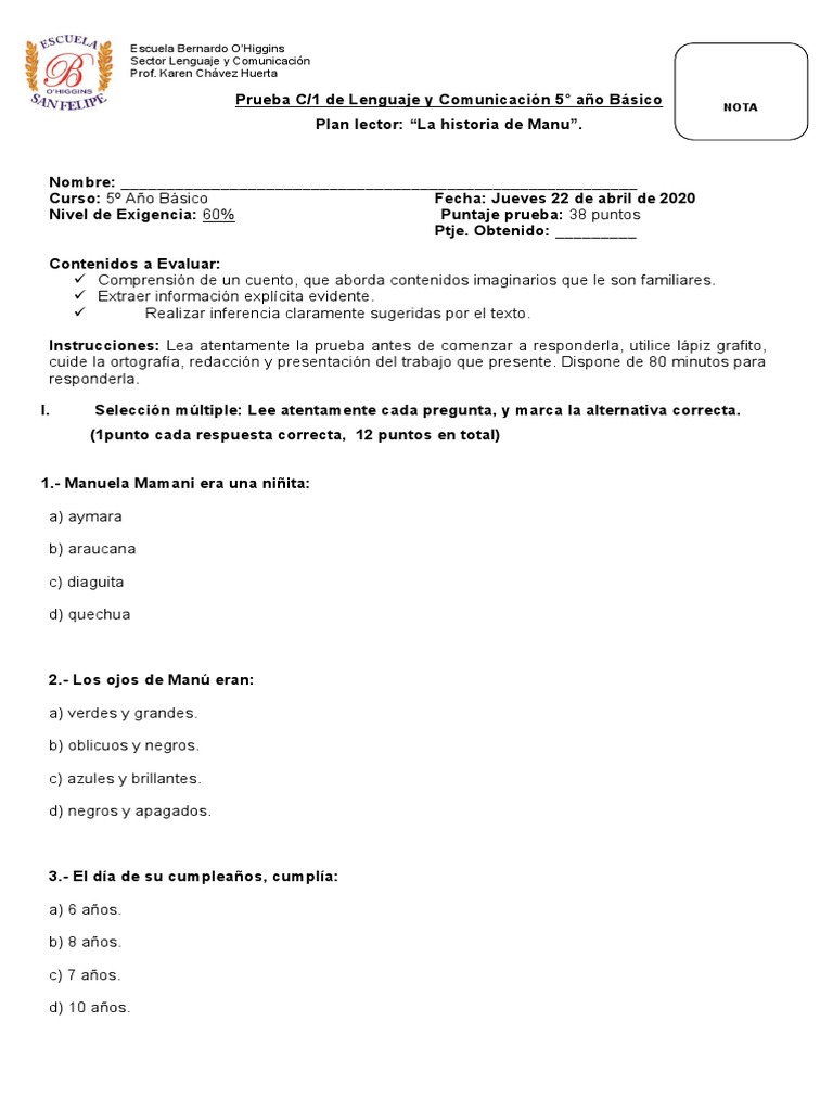 Evaluación Plan Lector 5° Básico. Libro N°1 La Histora de Manu | PDF