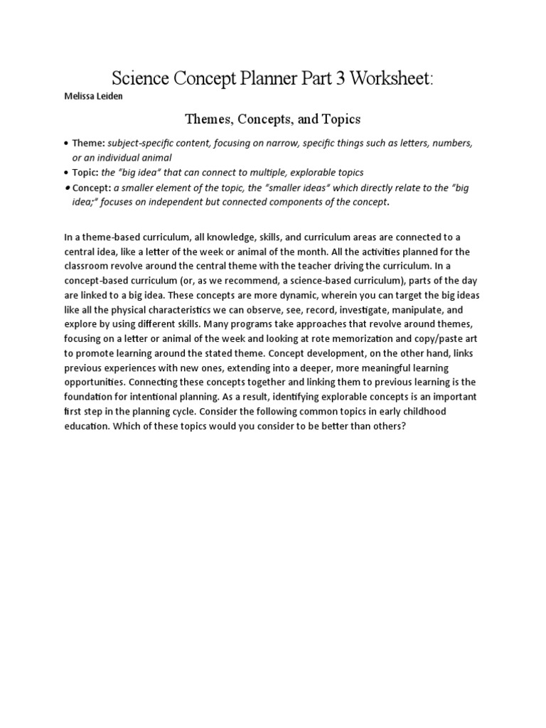 Science Concept Planner Part 3 Worksheet Melissa Leiden 4 | PDF ...