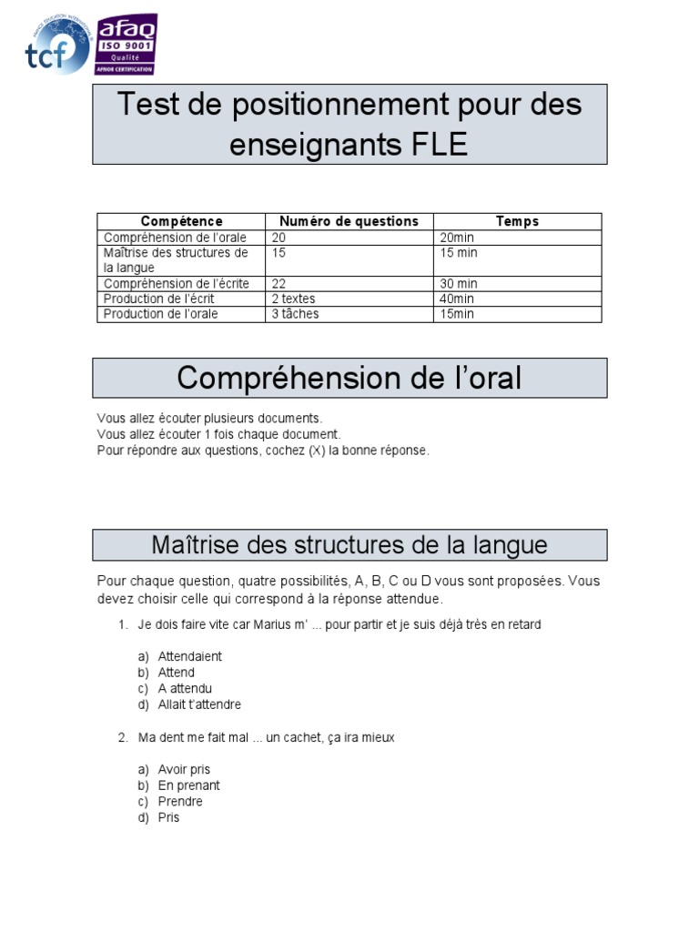 Test de Positionnement | PDF