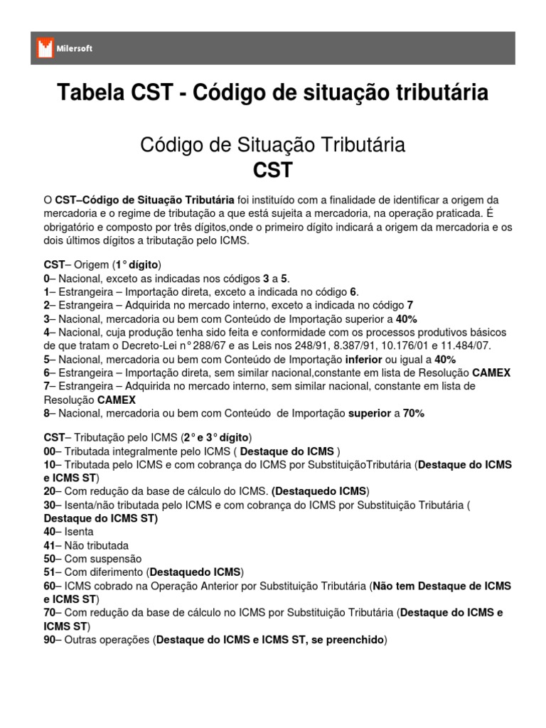 Tabela CST - Código de Situação Tributária | PDF | Microeconomia ...