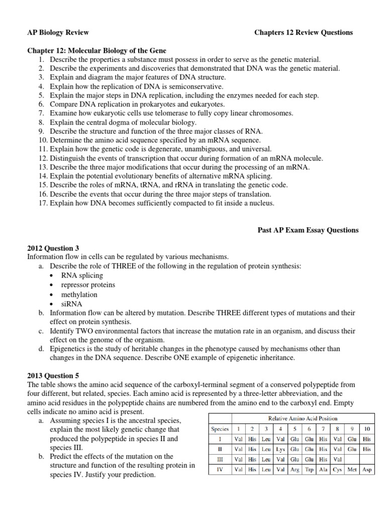AP Biology Review Chapters 12 Review Questions Chapter 12: Molecular ...