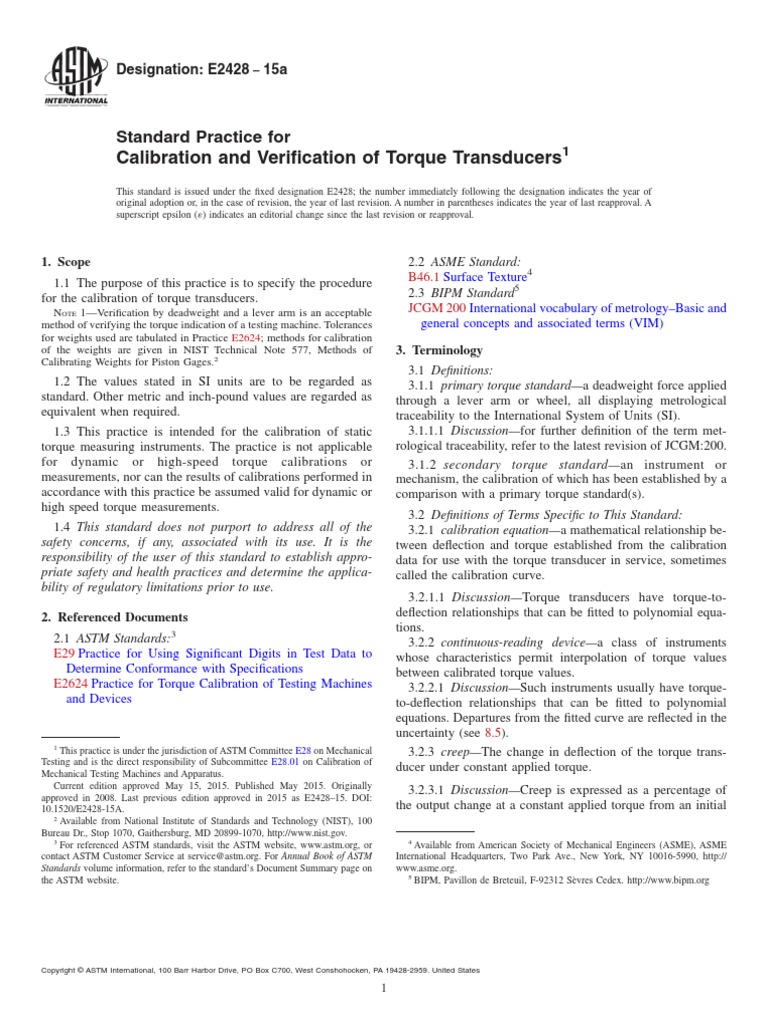 Calibration and Verification of Torque Transducers: Standard Practice ...