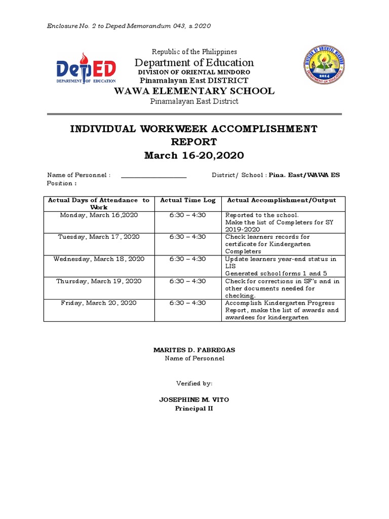 Department of Education: Wawa Elementary School Individual Workweek ...
