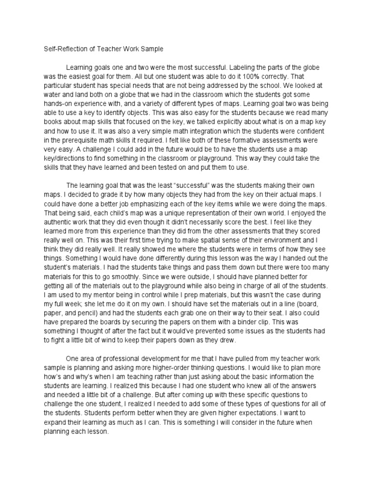 Self-Reflection of Teacher Work Sample-2 | PDF | Educational Assessment ...