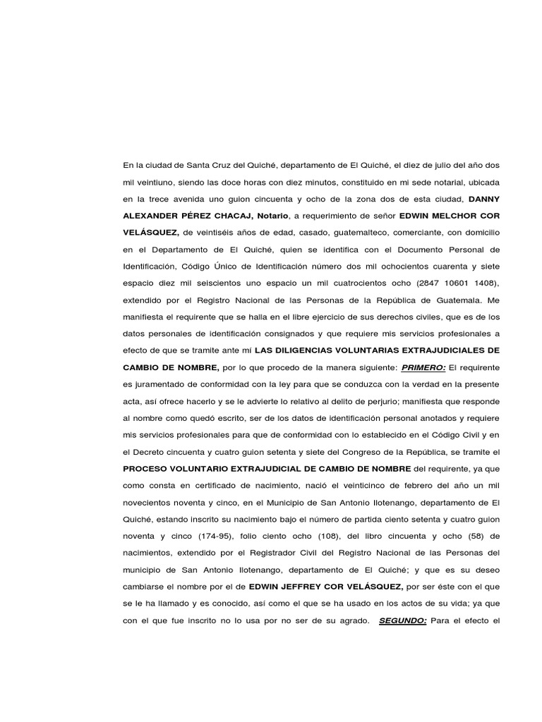 Acta De Requerimiento Cambio De Nombre Pdf