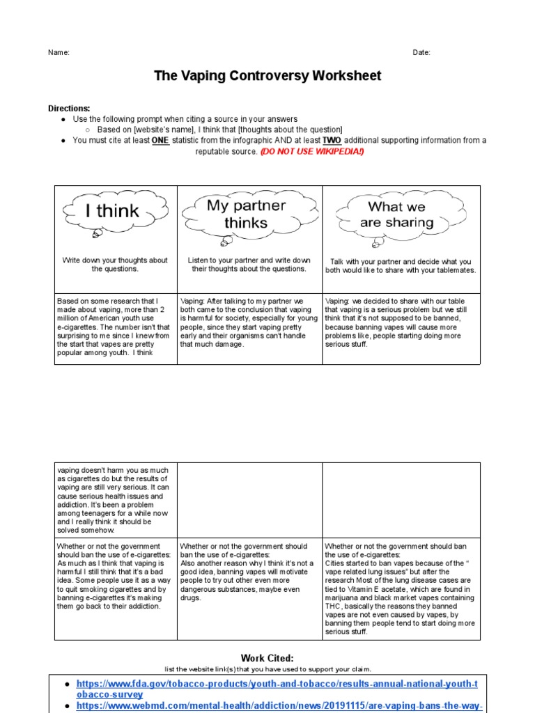 The Vaping Controversy Worksheet: Directions | PDF | Electronic ...