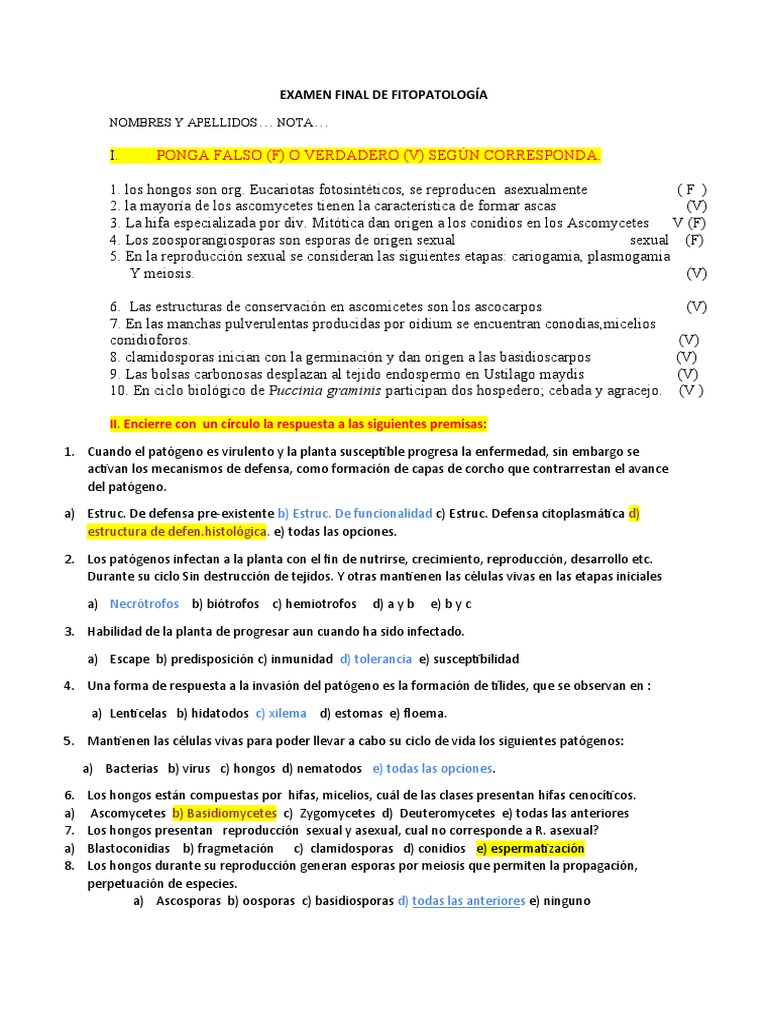 Examen Final Fito 2020 | PDF | Organismos | Micología