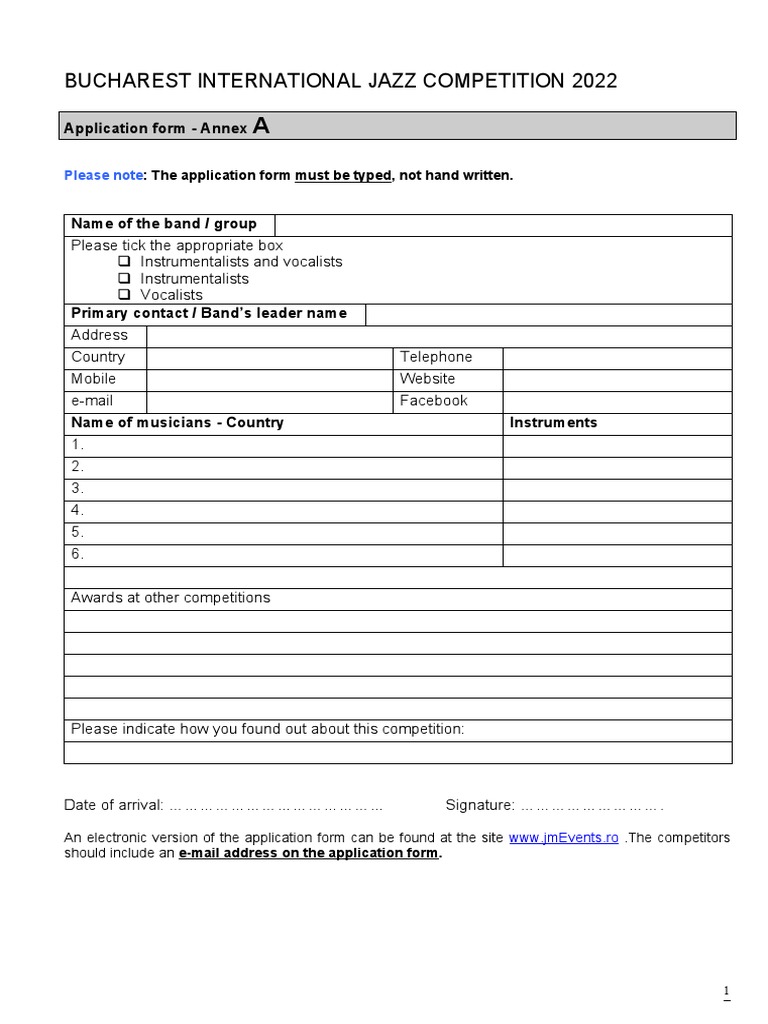 Bucharest International Jazz Competition 2022: Application Form - Annex ...
