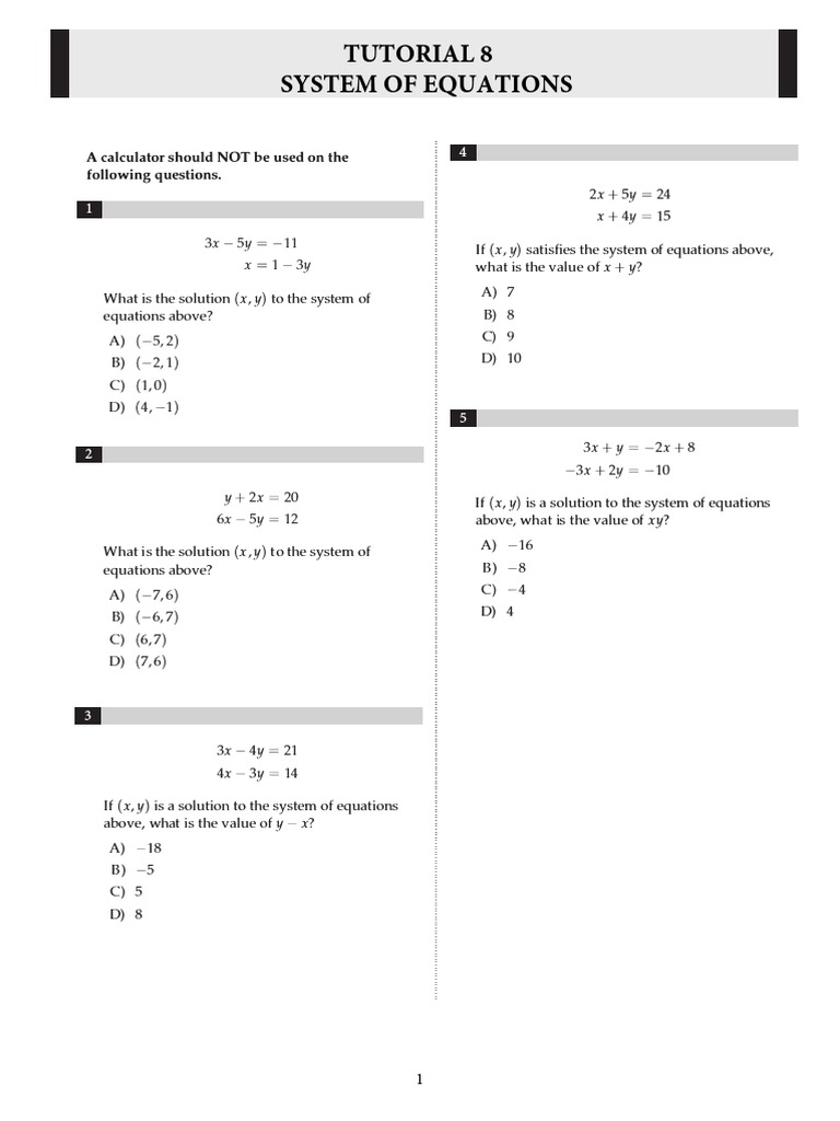 Tutorial 8 - System of Equations - Inequalities | PDF | Equations ...