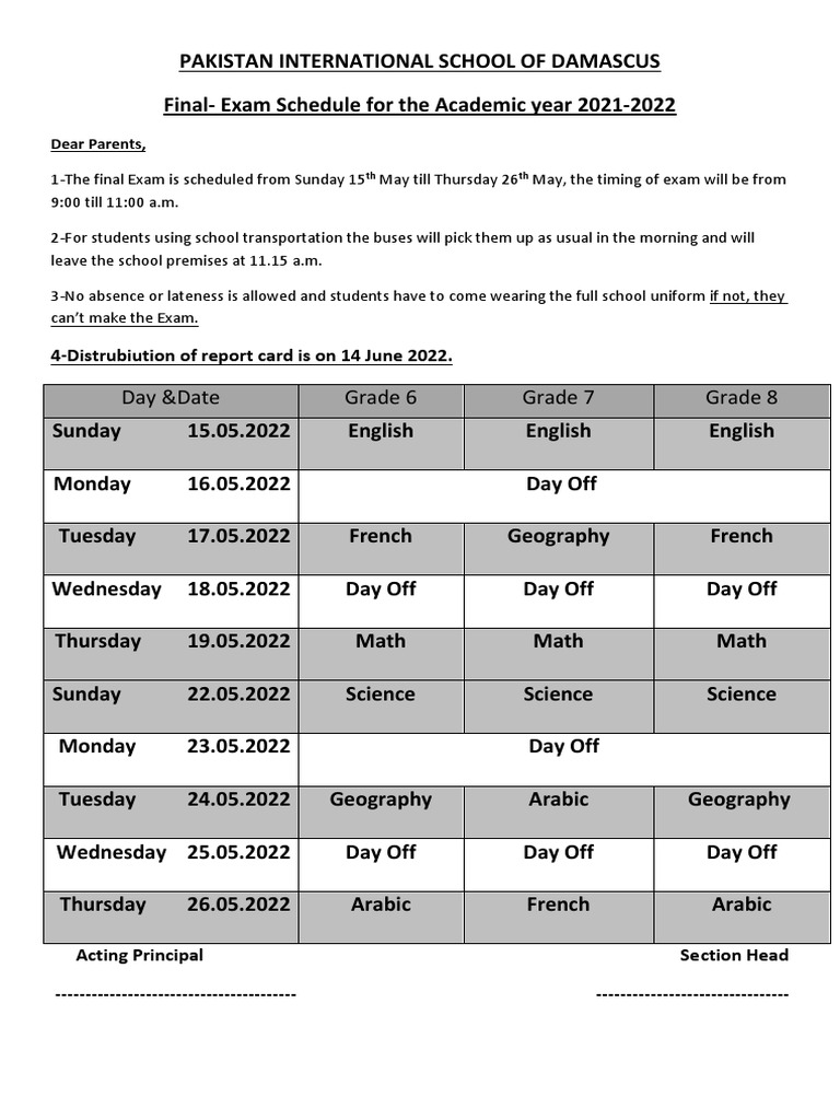 Final Exam Schedule 2022 - Pakistan School | PDF | Schools