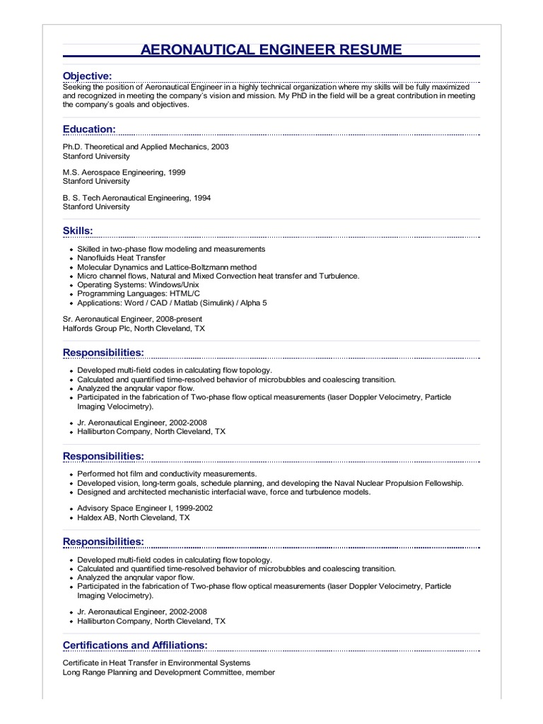 Aeronautical Engineer Resume: Objective | PDF | Technology & Engineering