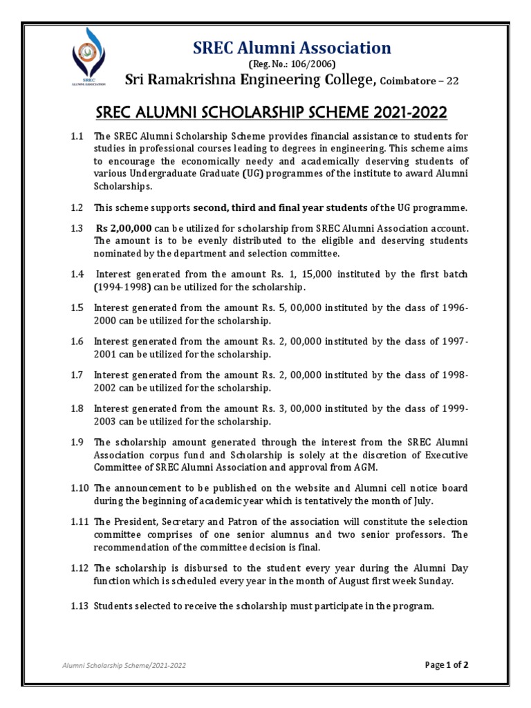 SREC Alumni Scholarship 2021-2022 Guide | PDF | Salary | Economies