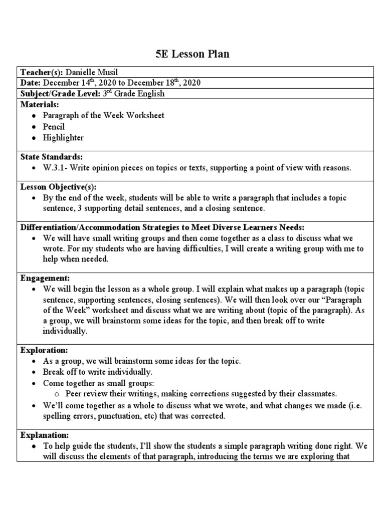 5E Lesson Plan: Teacher(s) : Danielle Musil Date: December 14 Subject ...