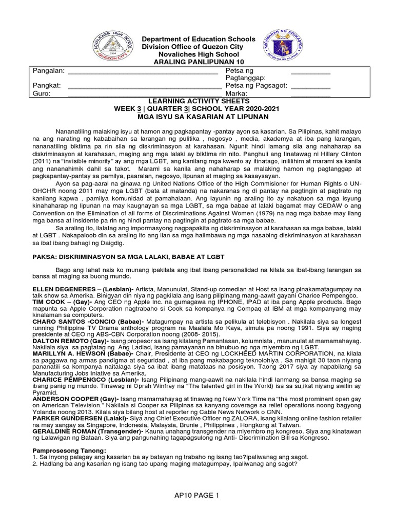 Ap10 Las Q3 Week 3 | PDF