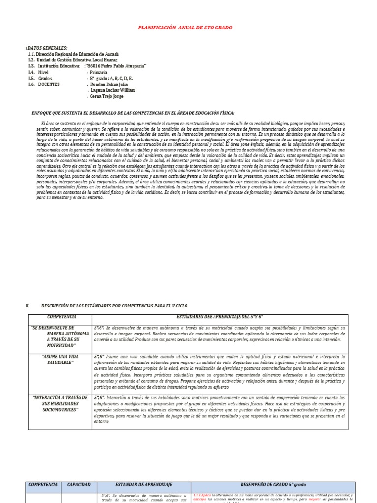 Planificación Anual de 5to Grado | PDF | Aprendizaje | Nutrición