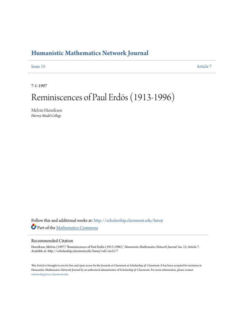 Reminiscences of Paul Erdos (1913-1996) mathematician | PDF | Mathematics