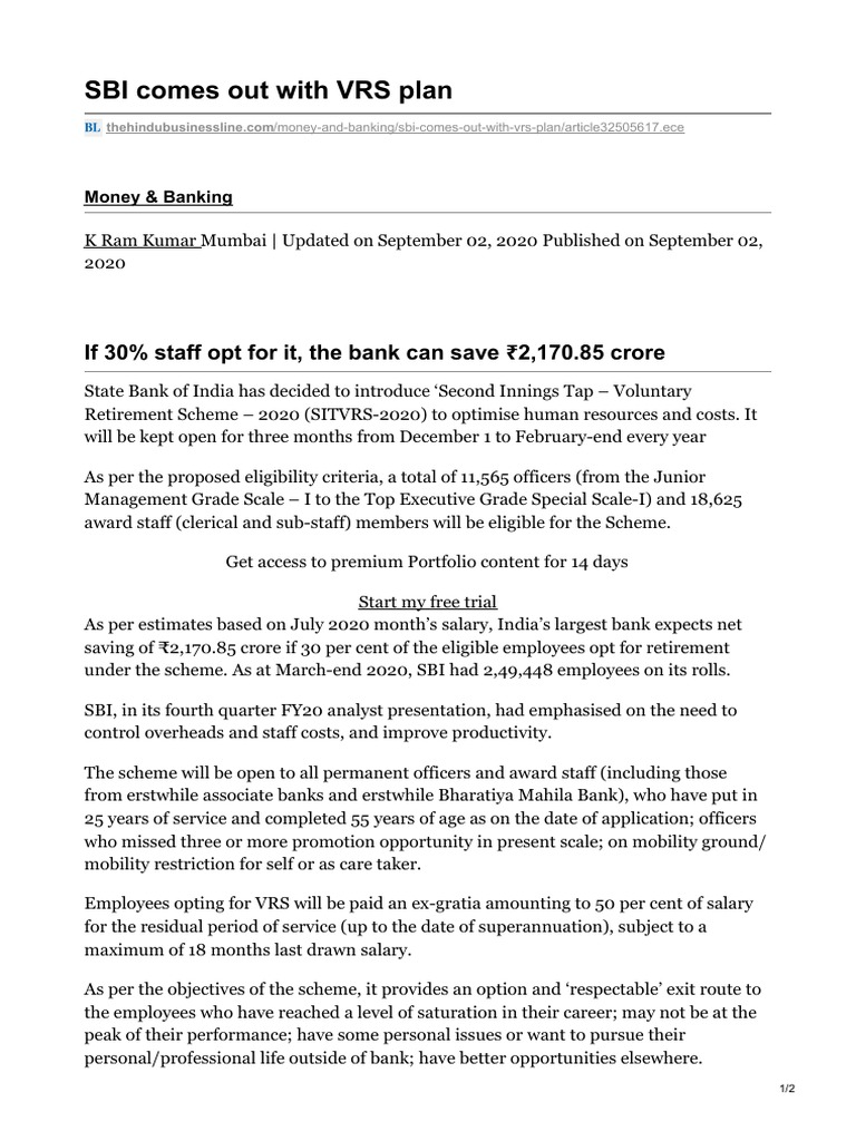 SBI Comes Out With VRS Plan | PDF | Economies | Business