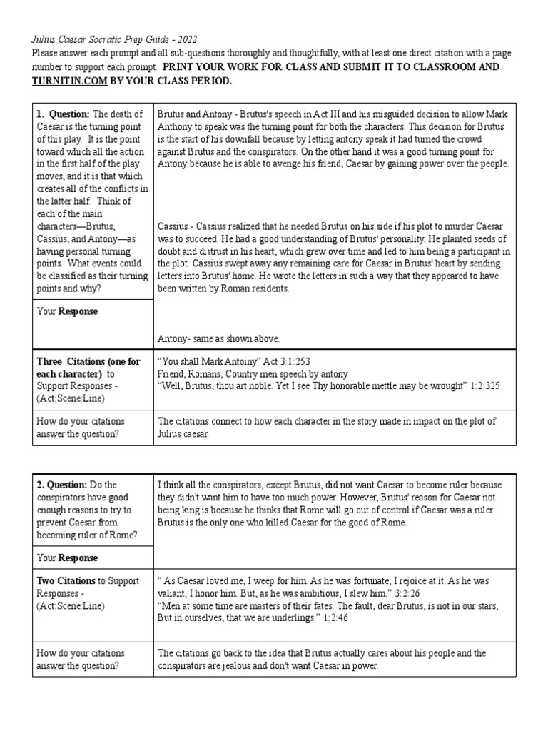 Julius Caesar Socratic Prep Guide - 2022 | PDF | Mark Antony | Julius ...