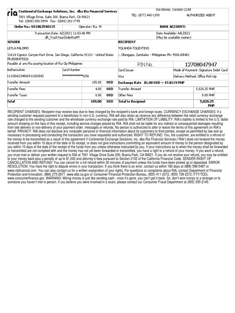 Pin No.: Continental Exchange Solutions, Inc. Dba Ria Financial ...